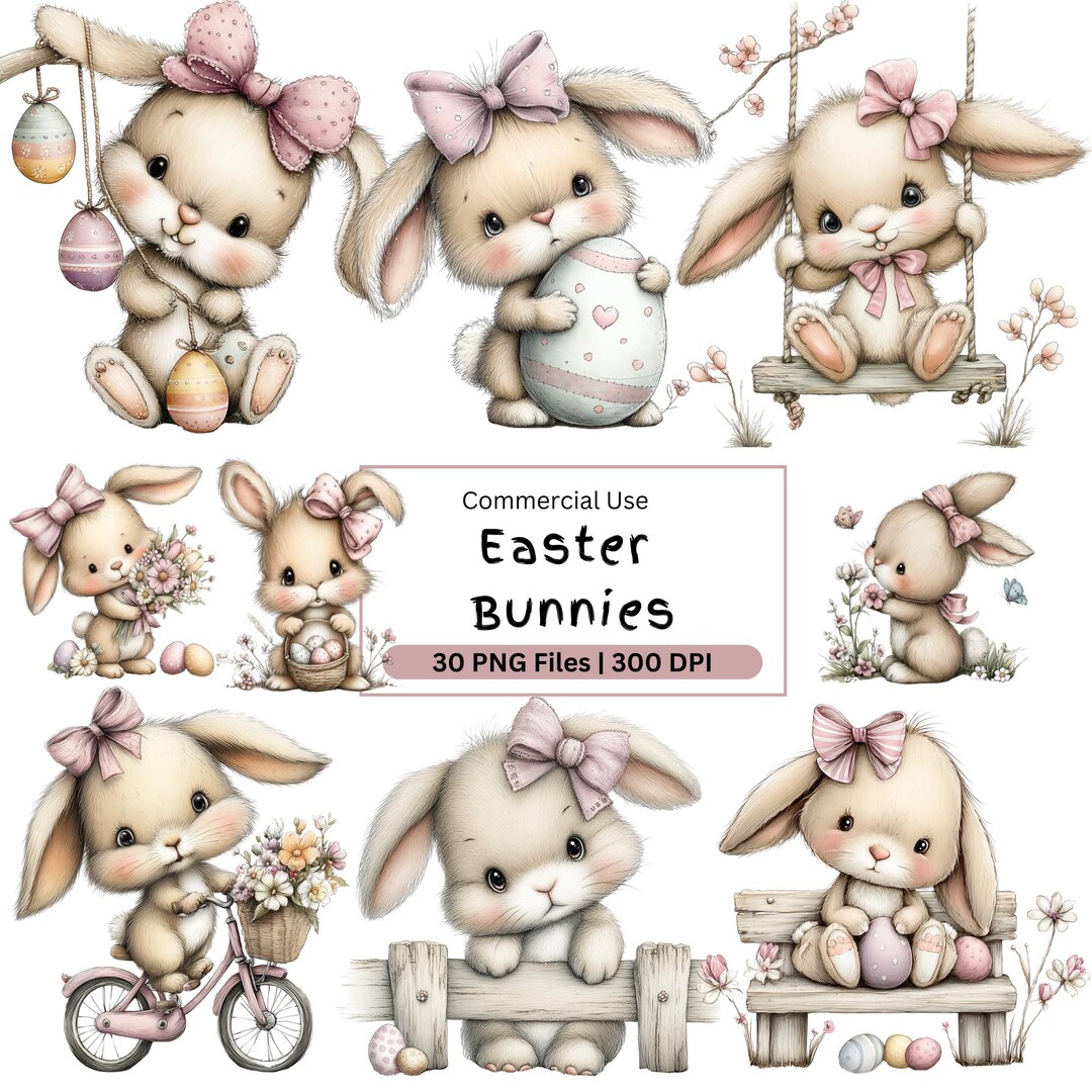 Easter Bunnies Clipart Bundle: Easter Pngs, Hand-drawn Style (digital ...