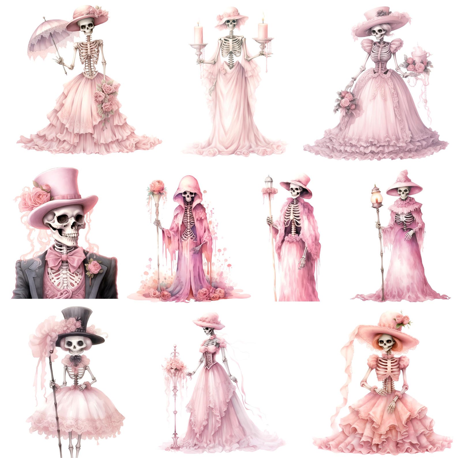 Pink Halloween Skeleton Clipart Bundle: Vintage Spooky PNG Graphics ...