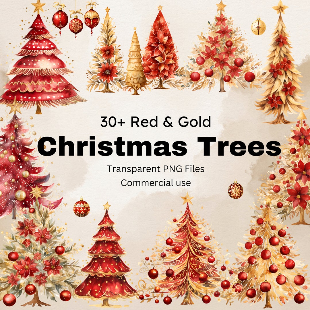 Watercolor Christmas Tree Clipart: Red & Gold PNG Bundle (digital ...