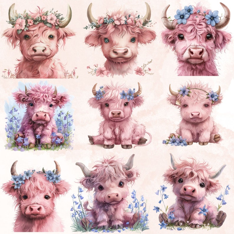Pink Baby Highland Cows PNG Bundle, Cute Floral Highland Cow, Flower ...