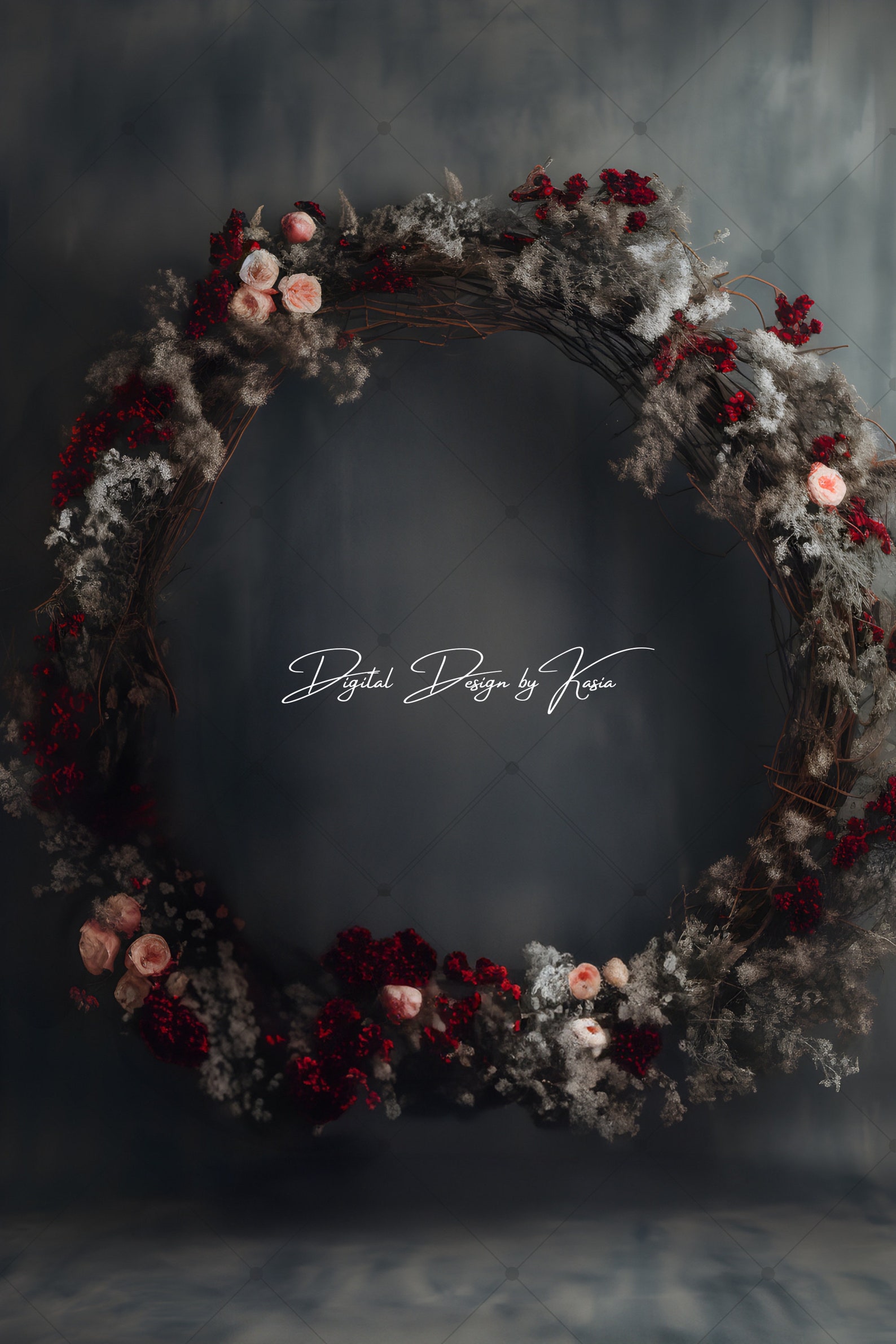 Winter Floral Ring Digital Backdrop, Moody Boho Digital Background ...