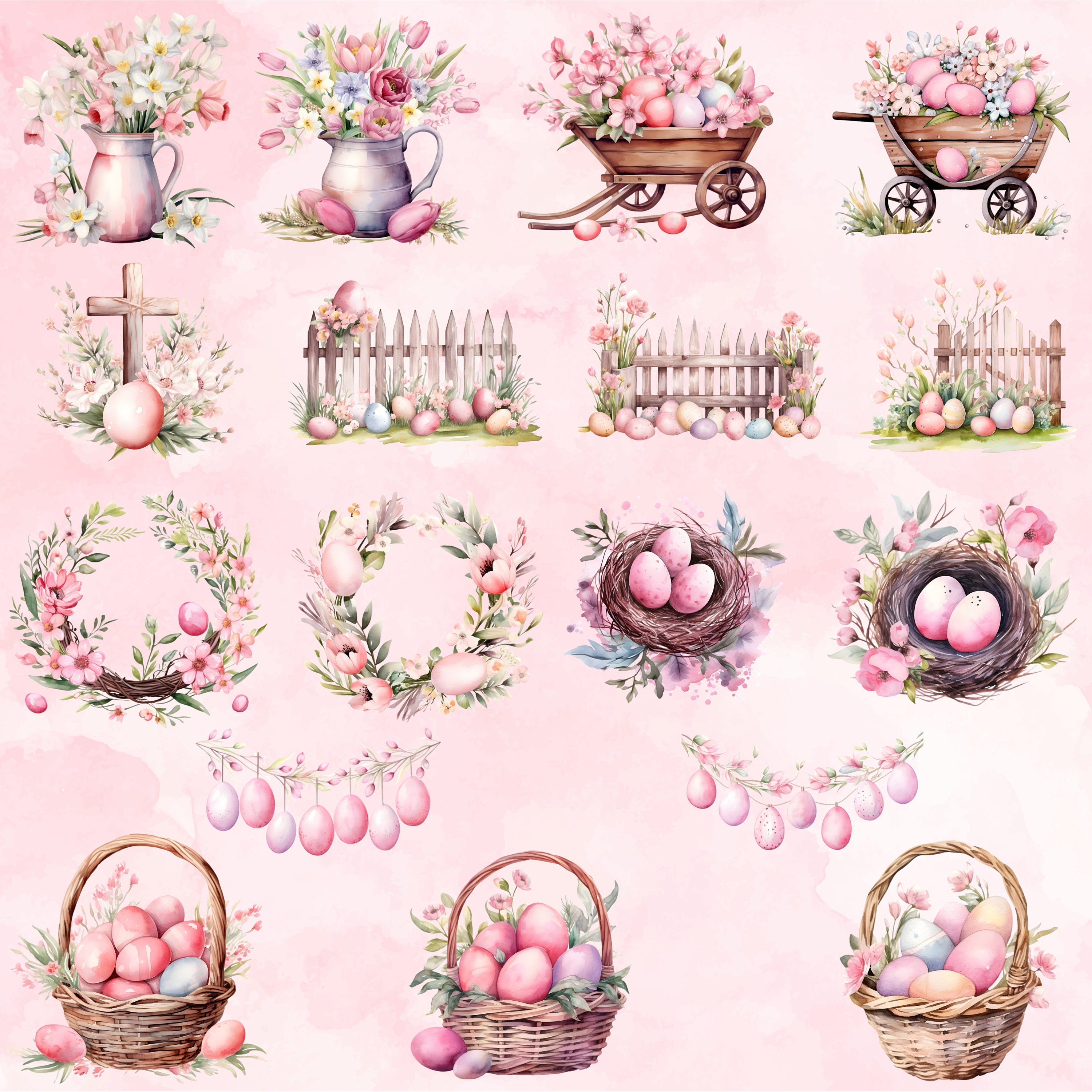 Watercolor Happy Easter Clipart Bundle, Farmhouse Easter Clipart ...