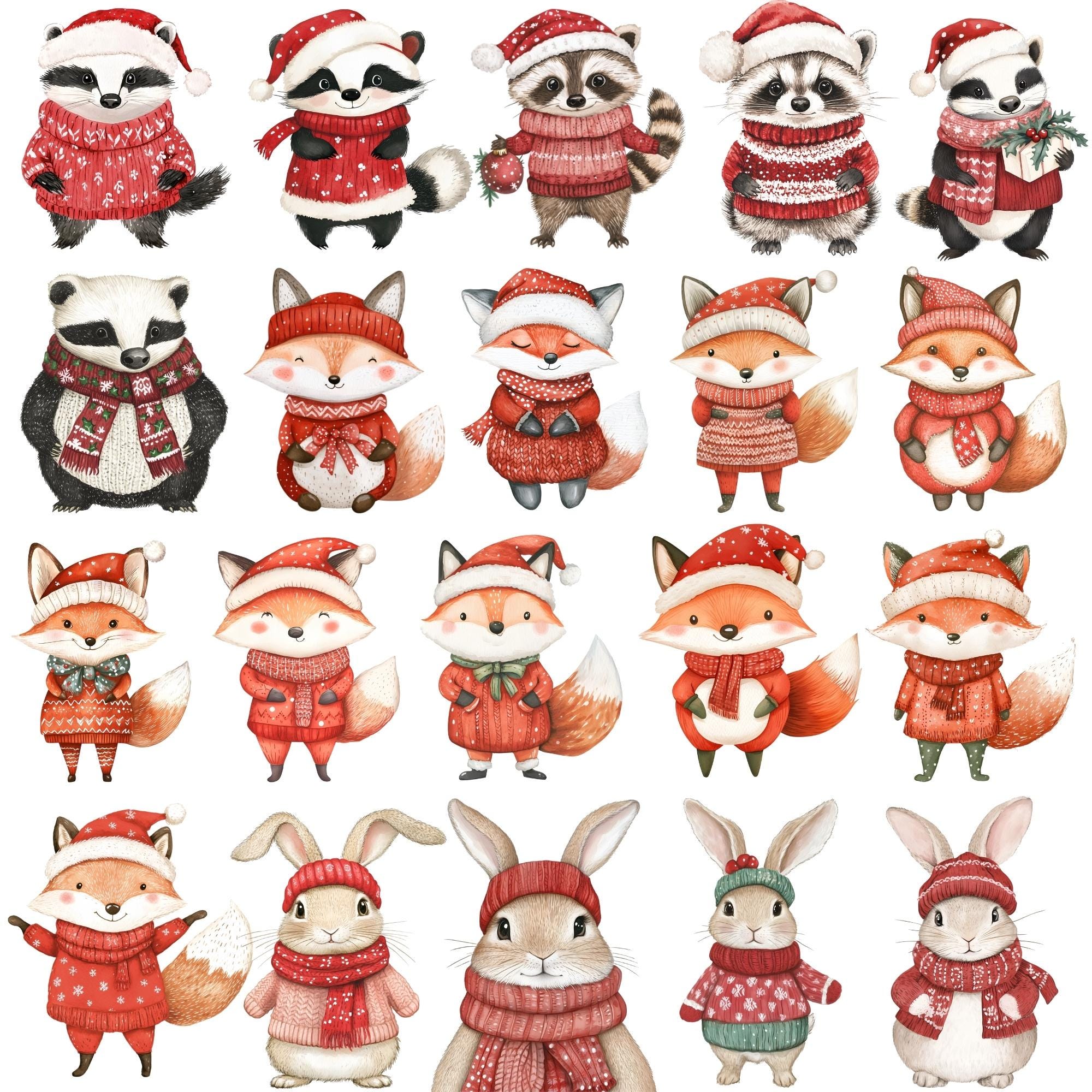 Christmas Animals Clipart Bundle, Festive Watercolor PNG (digital ...