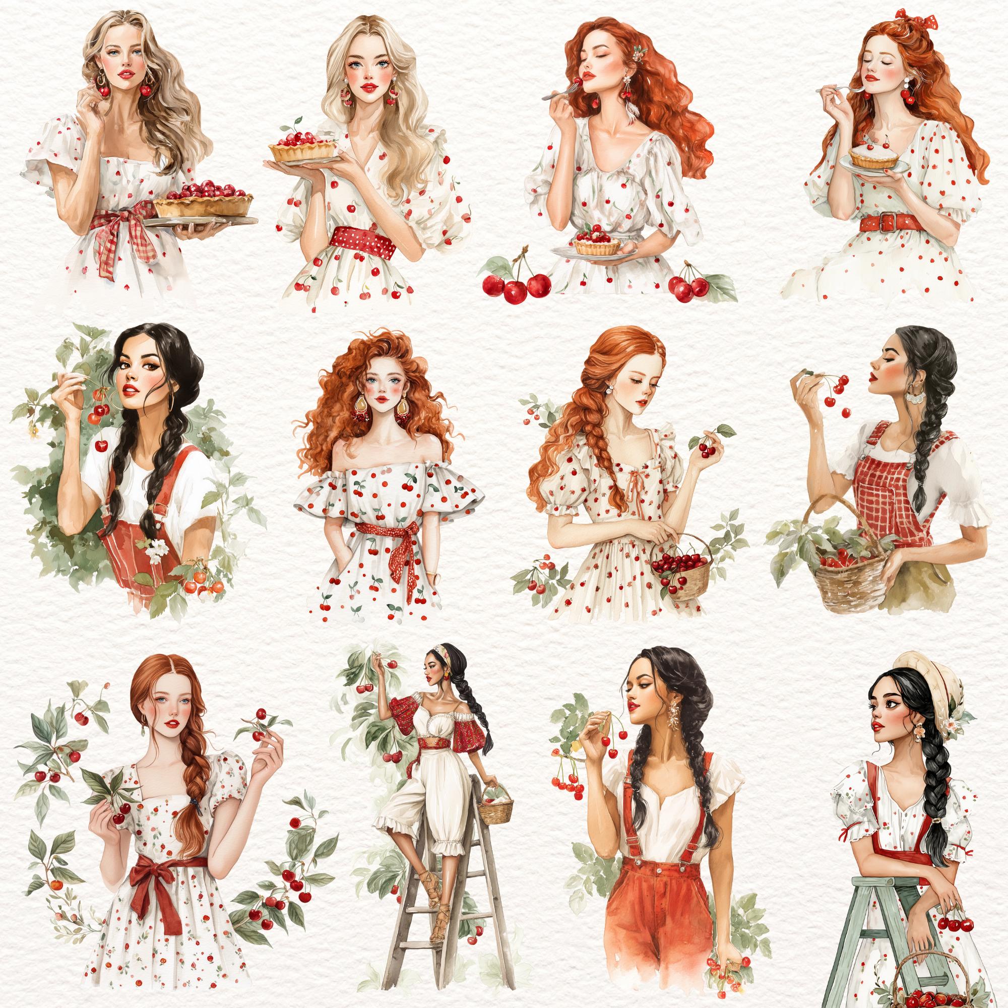 Watercolor Cherry Clipart Bundle: Cottagecore Summer Graphics (digital ...