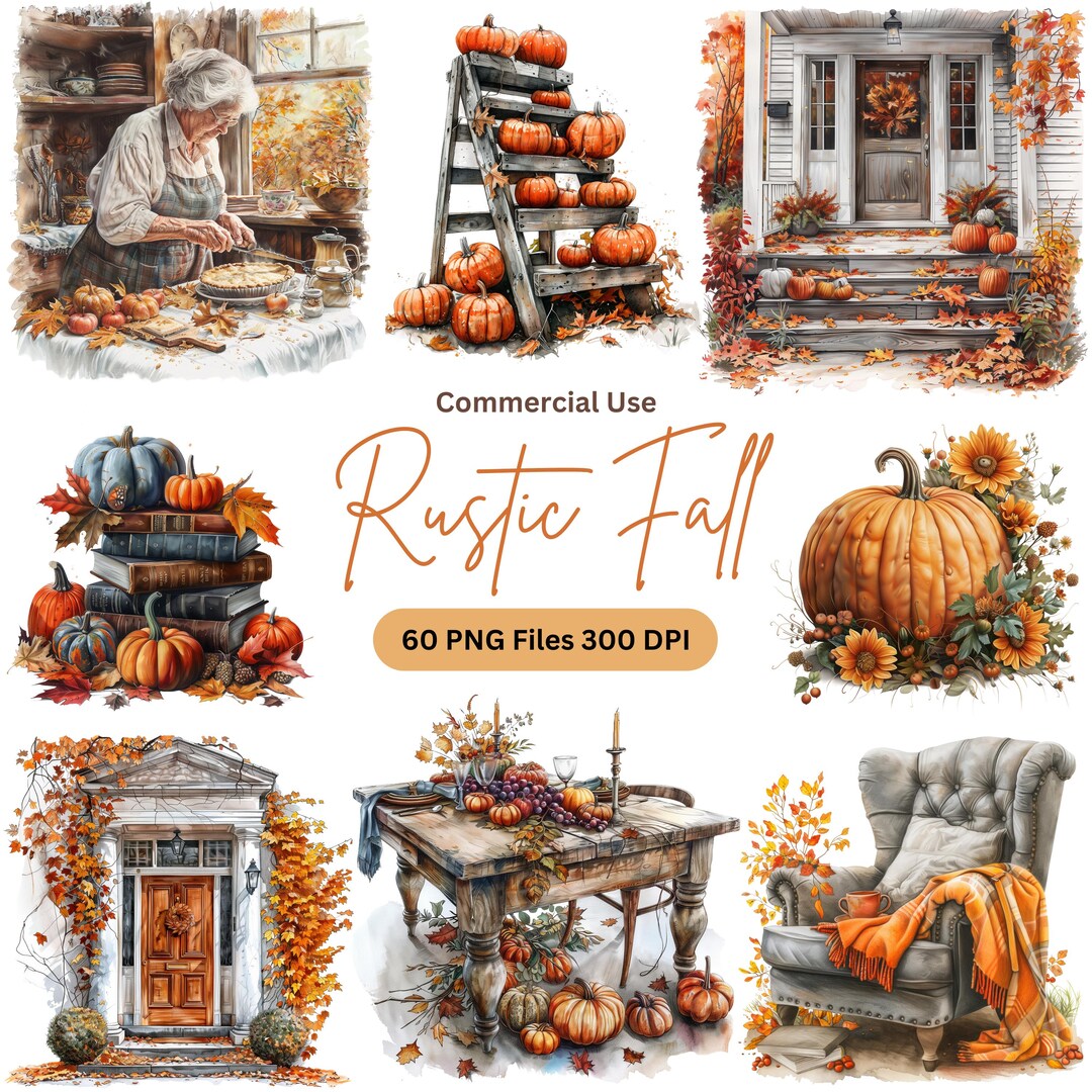 Rustic Fall Clipart, Cosy Fall PNG Bundle, Cottagecore Fall Clipart ...