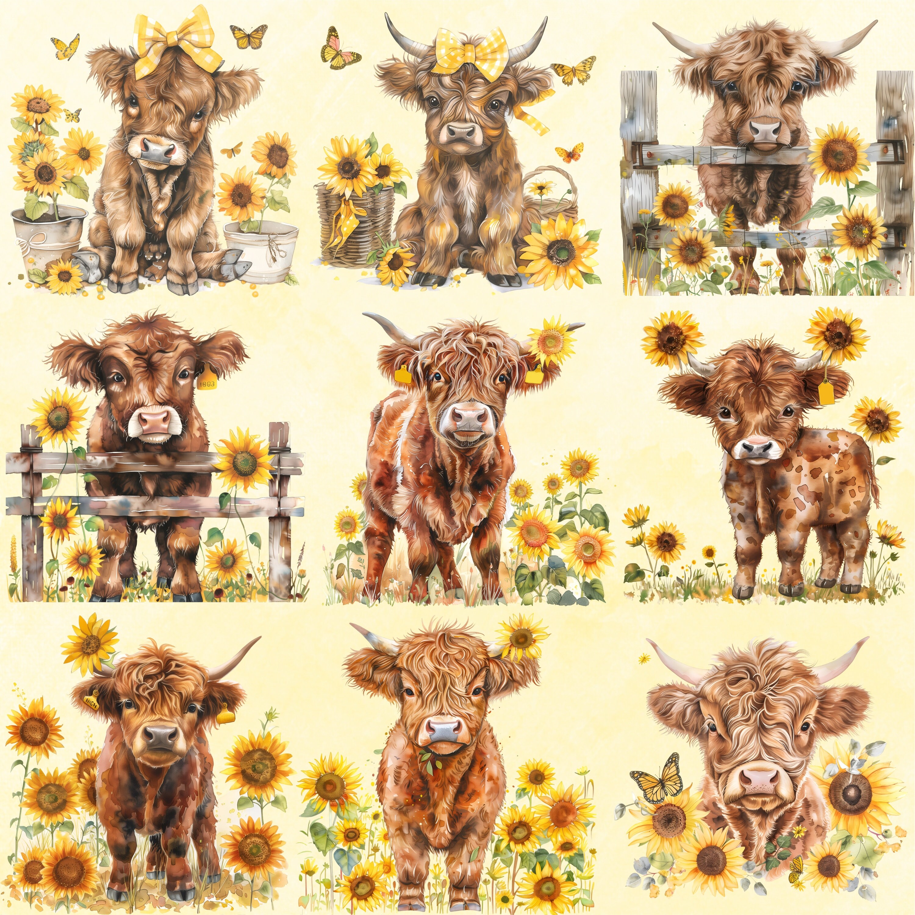 Baby Highland Cow Sunflower Clipart: Watercolor PNG Bundle (digital ...