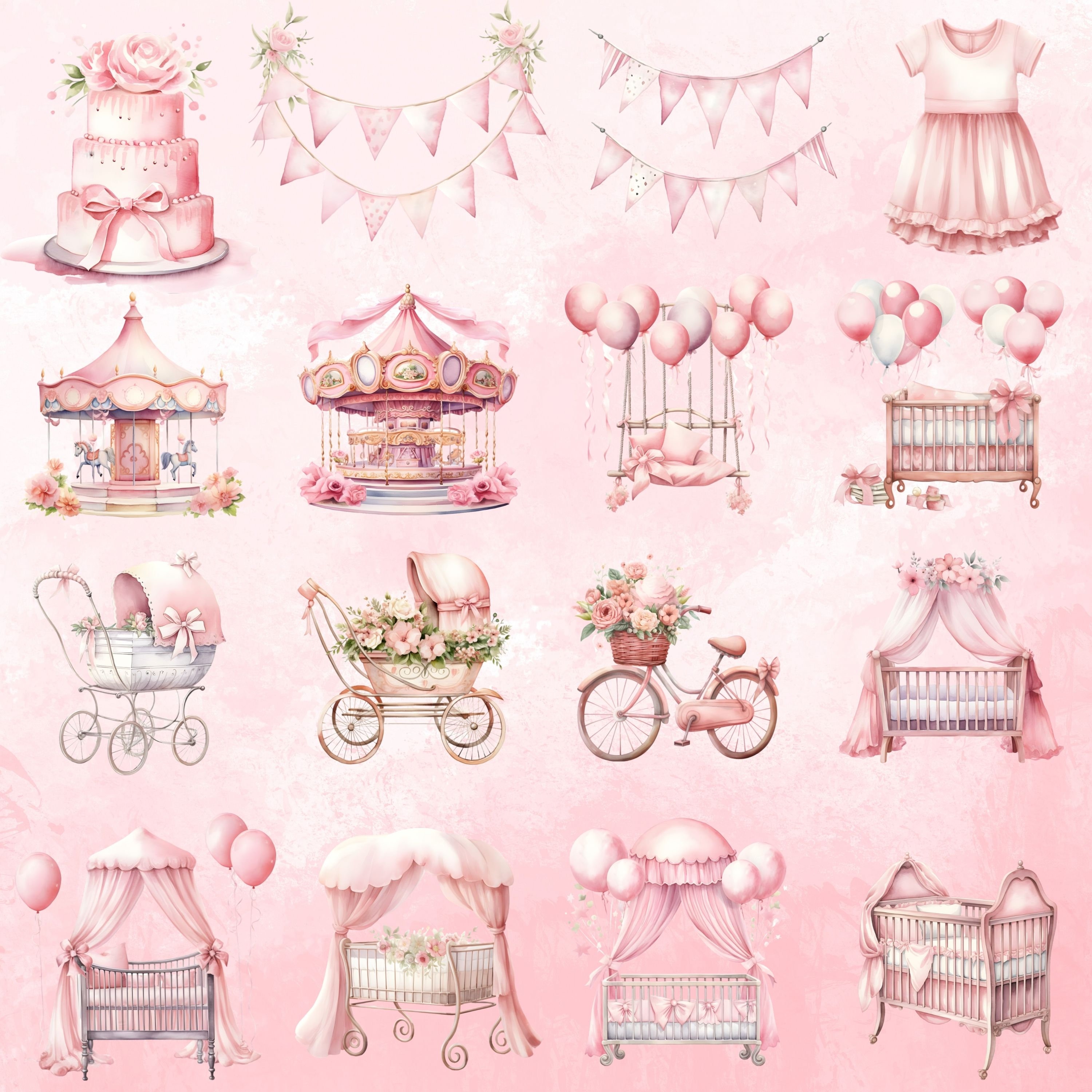 Pink Baby Shower Clipart: Watercolor Teddy Bear PNG (digital Download ...