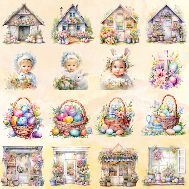 Pastel Watercolor Easter Clipart Bundle: Farmhouse Bunny PNG (digital ...