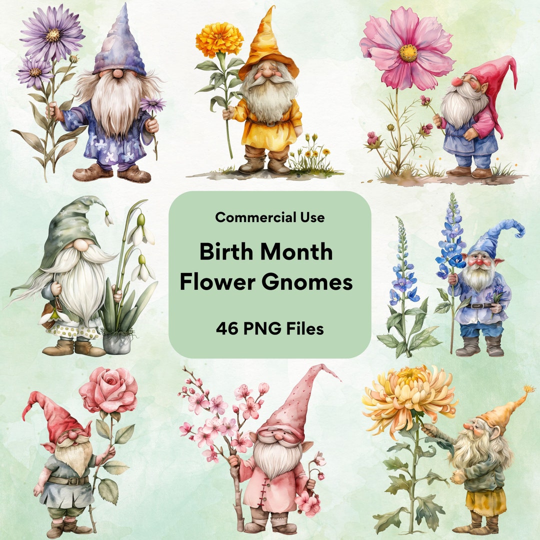 Watercolor Birth Month Flower Gnomes Clipart, Garden Gnomes PNG Bundle ...
