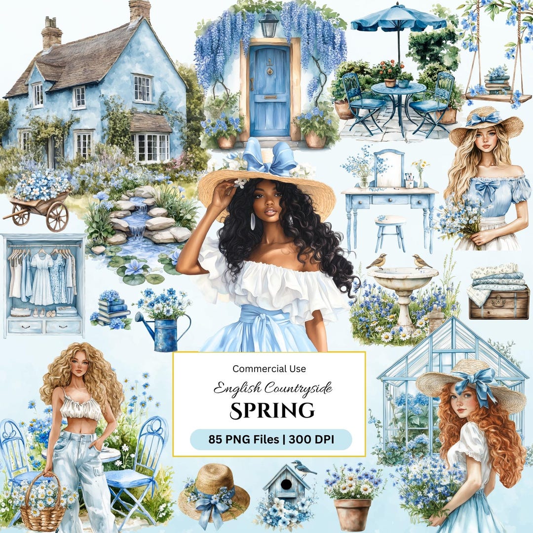 Watercolor Spring Clipart: English Cottagecore, Blue Florals (PNG ...