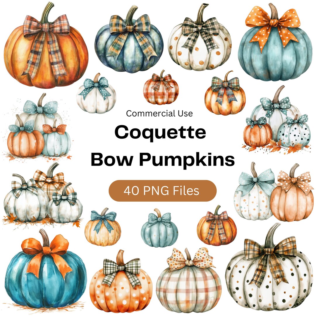 Coquette Bow Pumpkins Clipart: Rustic Autumn PNG Designs (digital ...