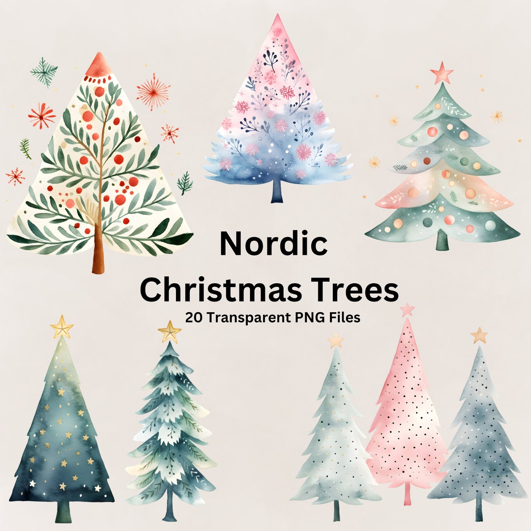 Nordic Christmas Tree Clipart, Watercolor Scandinavian Christmas Trees ...