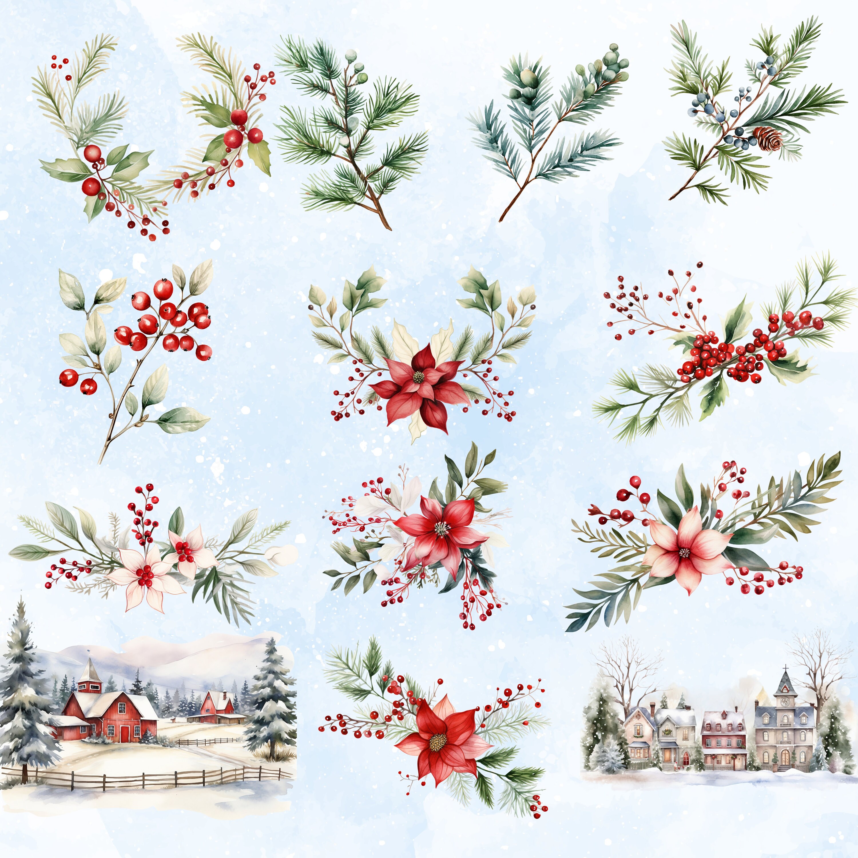 Watercolor Winter Wonderland Scene Clipart, 40 Transparent Winter ...