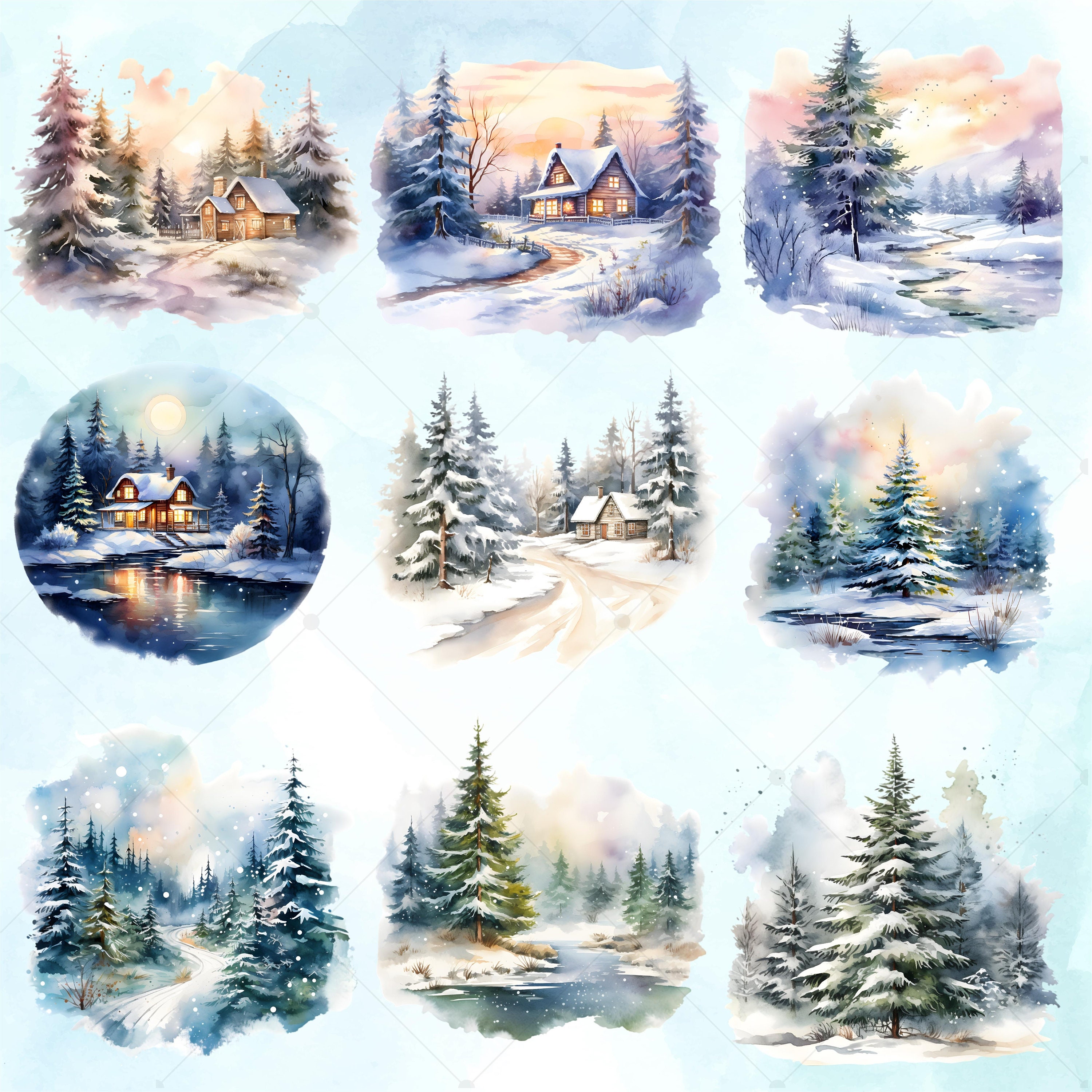 Watercolor Winter Pine Tree Forest Clipart Bundle, Winter Landscape ...