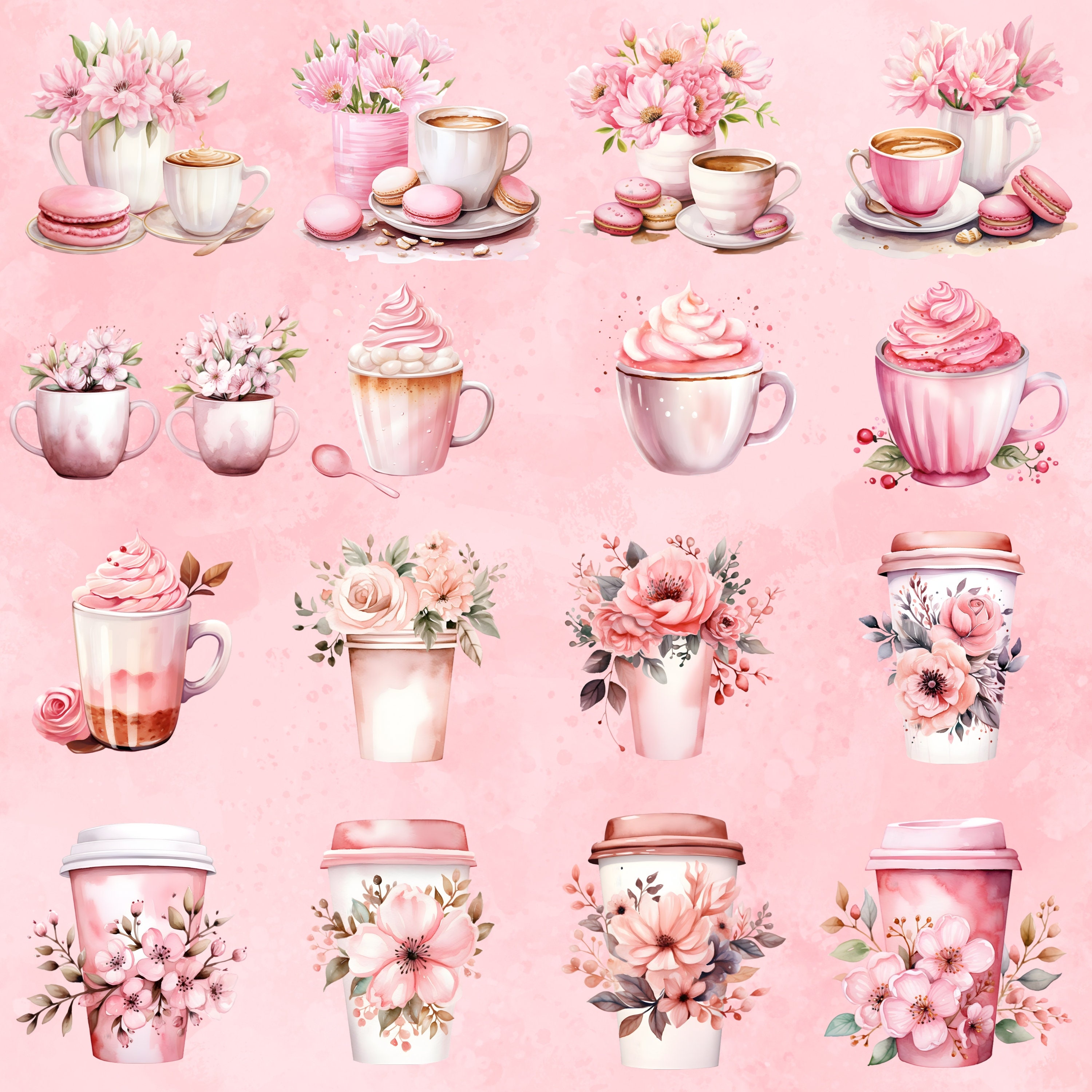 Watercolor Pink Spring Coffee Clipart: Floral Latte PNG (digital ...