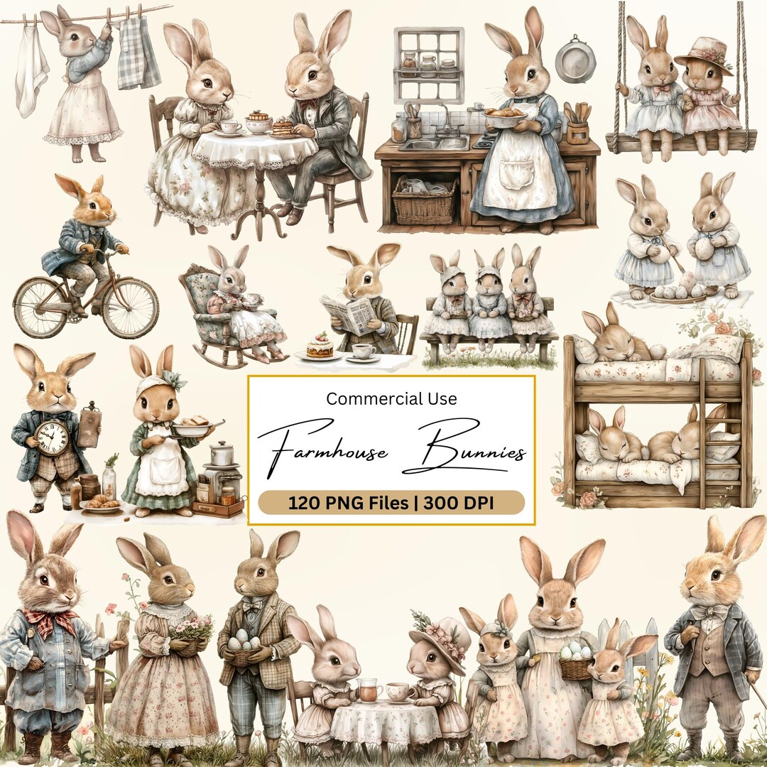 Watercolor Farmhouse Bunnies Clipart: Vintage Easter PNG Bundle (120 ...