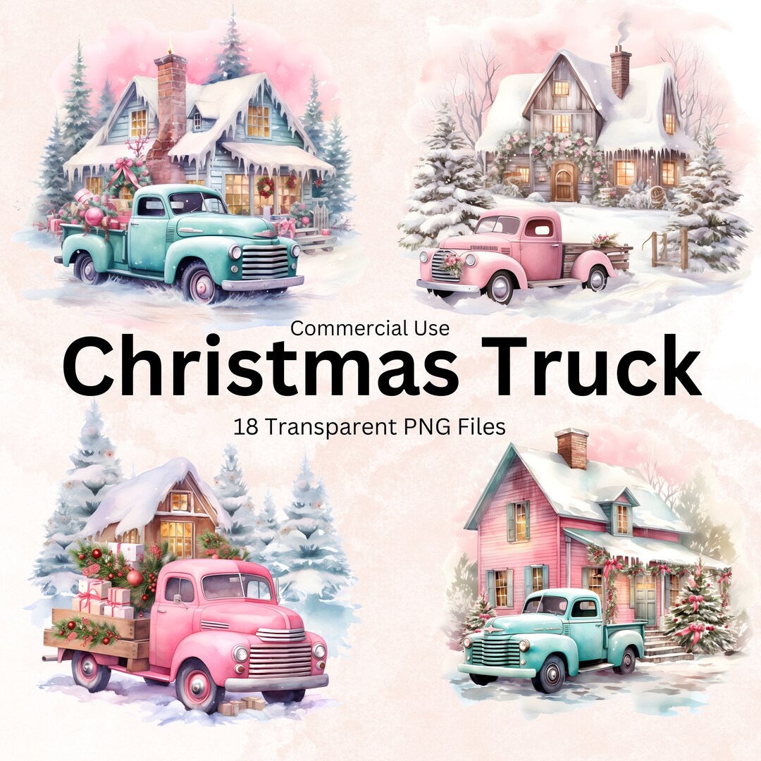 Watercolor Christmas Truck Clipart, 18 Pastel Watercolor Vintage ...