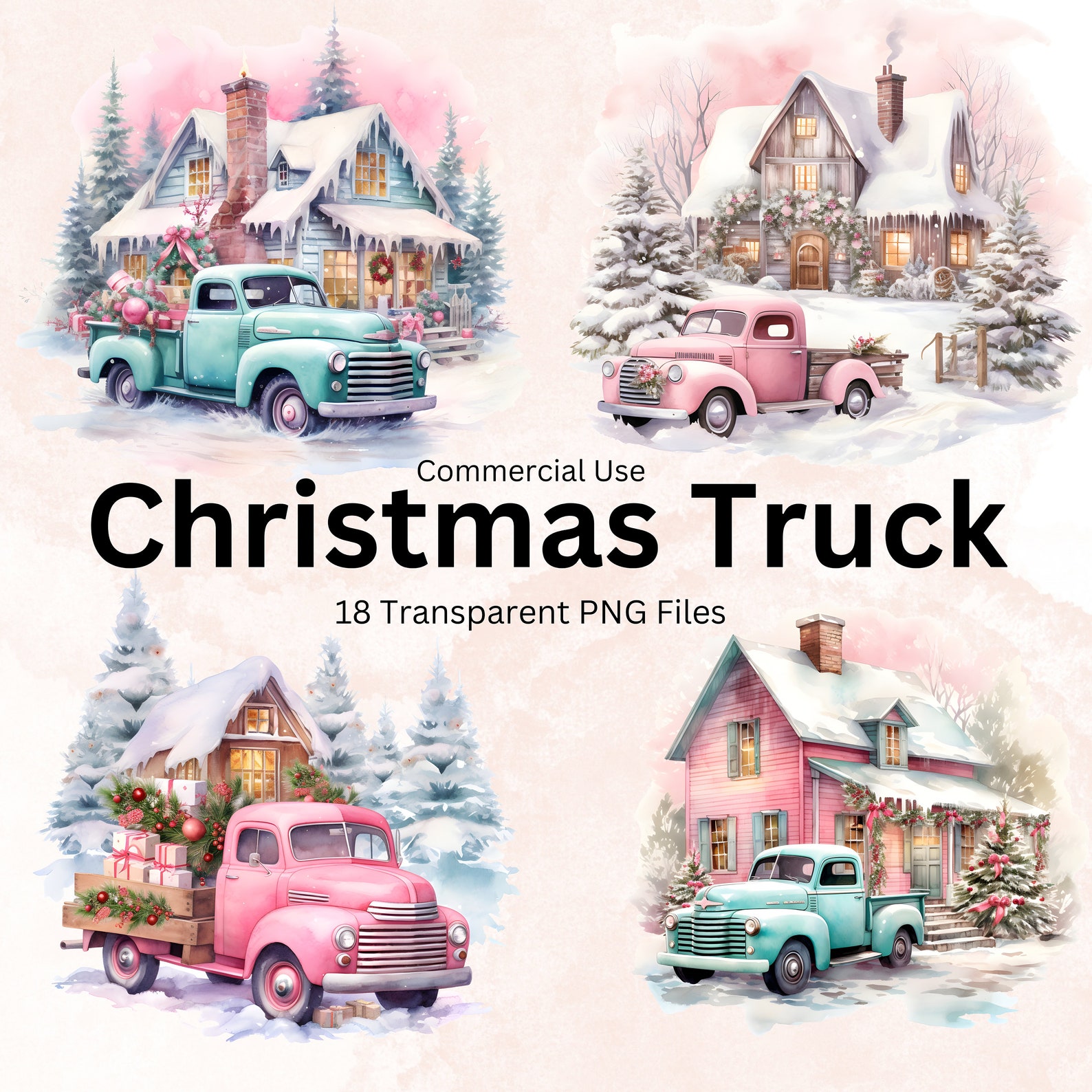 Watercolor Christmas Truck Clipart, 18 Pastel Watercolor Vintage ...