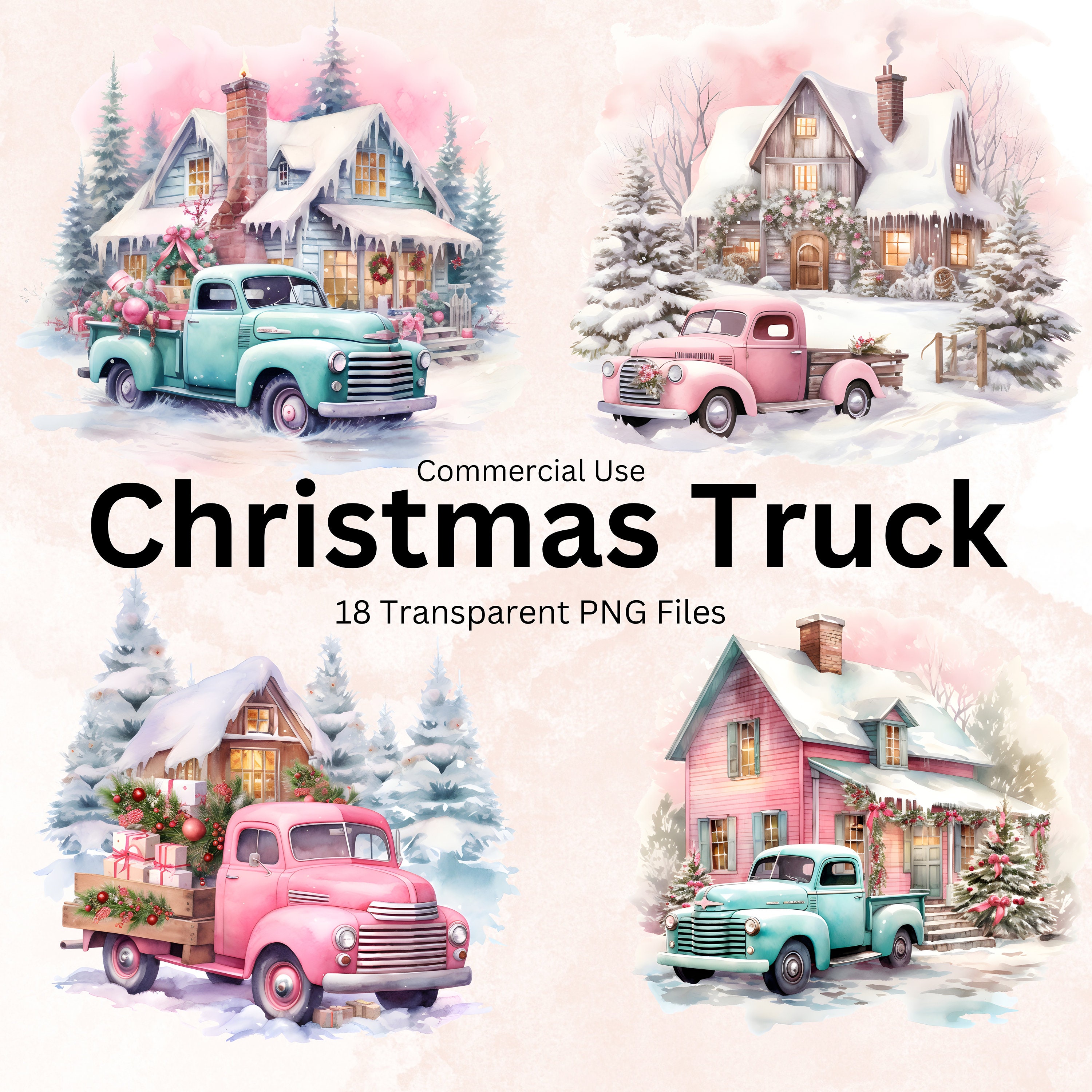 Watercolor Christmas Truck Clipart, 18 Pastel Watercolor Vintage ...