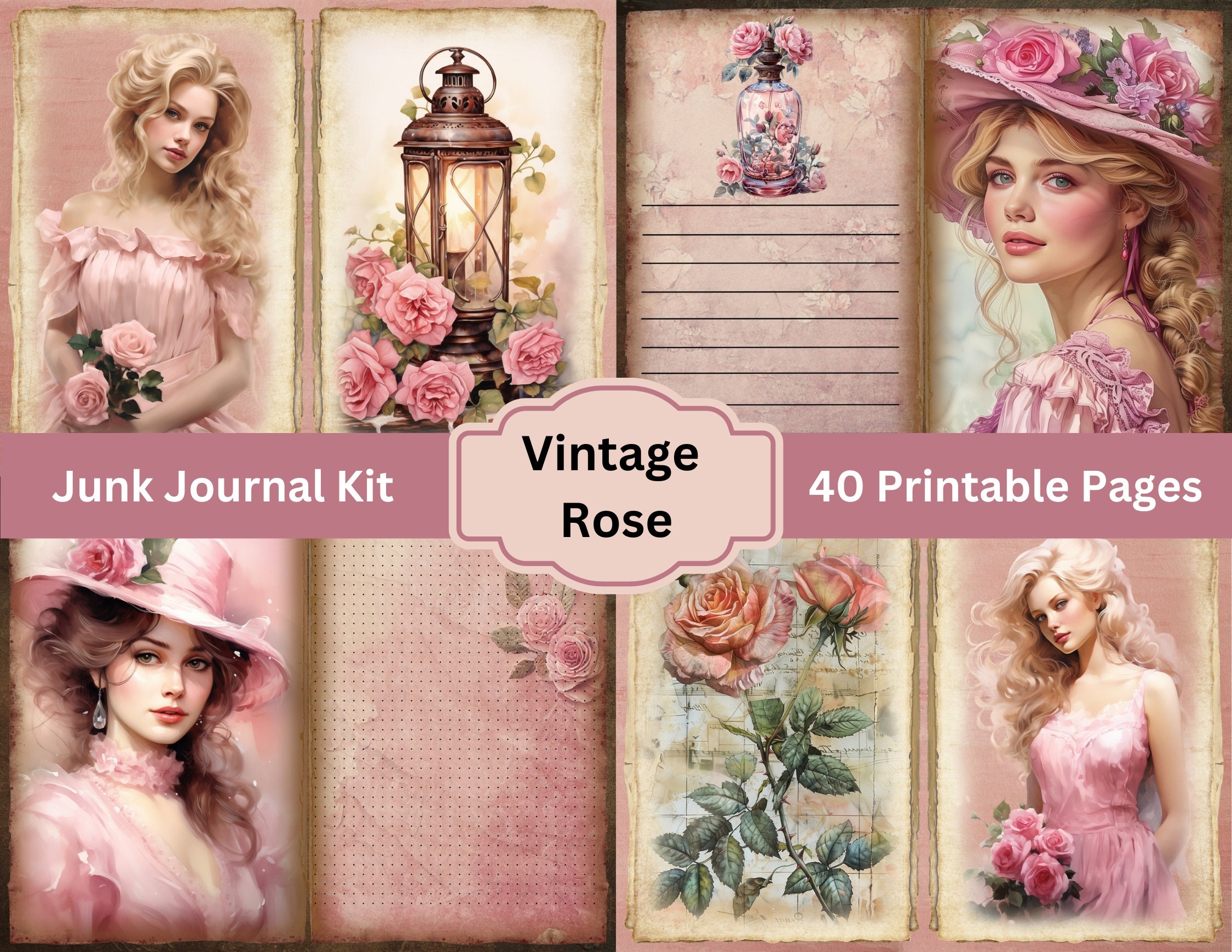 Watercolor Vintage Rose Junk Journal Kit, Victorian Lady Pink Rose ...
