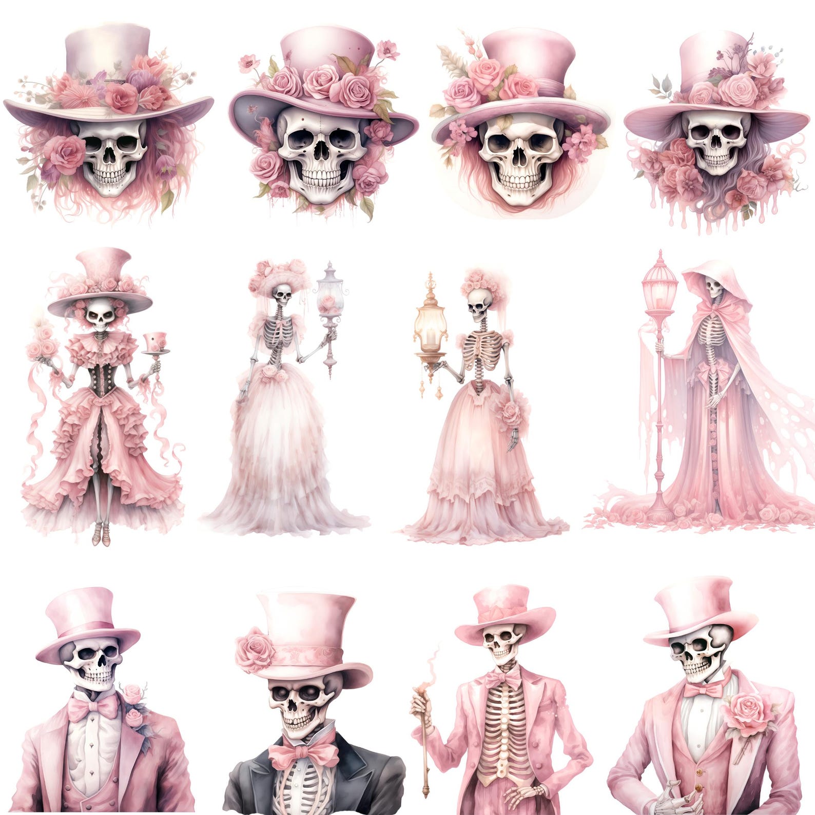 Pink Halloween Skeleton Clipart Bundle: Vintage Spooky PNG Graphics ...