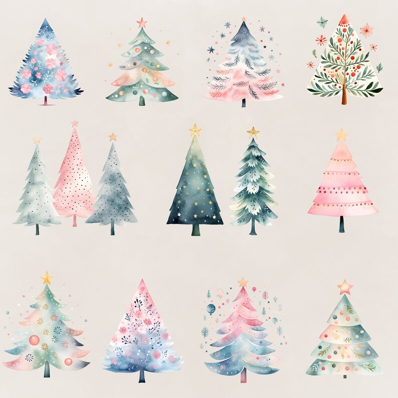 Watercolor Nordic Christmas Tree Clipart: Pastel Scandinavian PNG ...