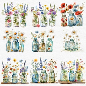 Watercolor Wildflowers in Mason Jars Clipart: Cottagecore Floral PNG ...