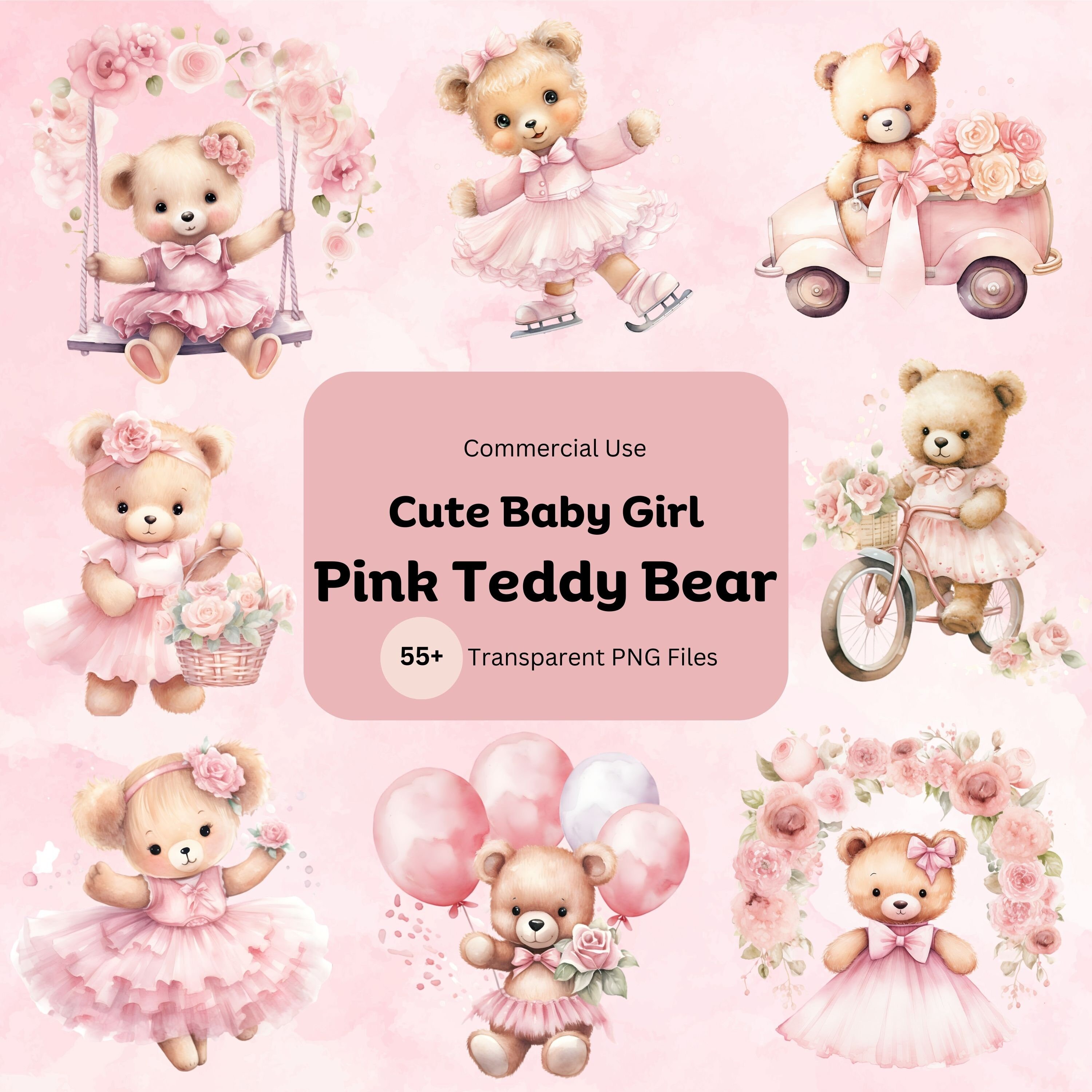 Pink Teddy Bear Clipart, Cute Watercolor Pink Babyshower Clipart PNG ...