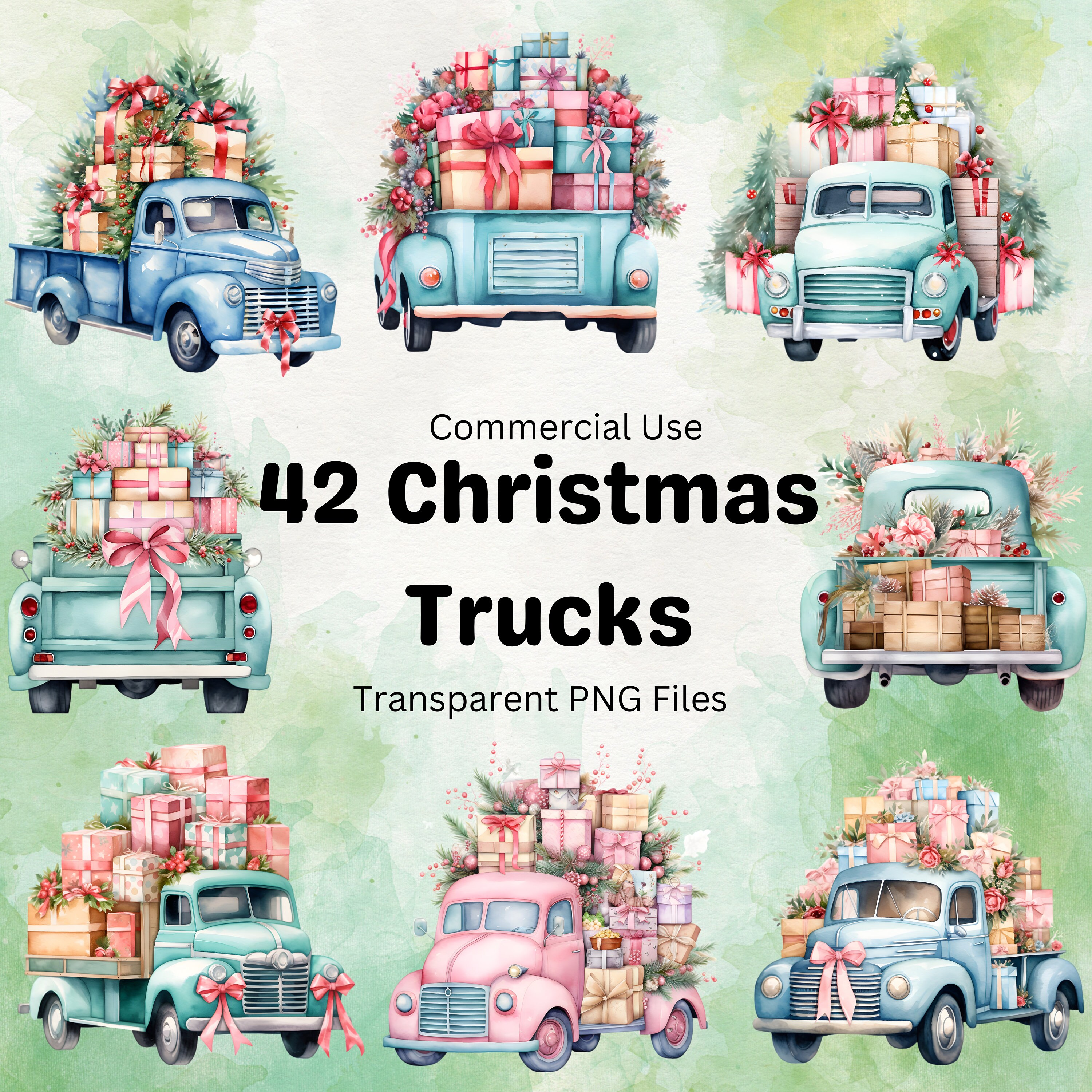 Vintage Watercolor Christmas Truck Clipart, 42 Pastel Watercolor ...