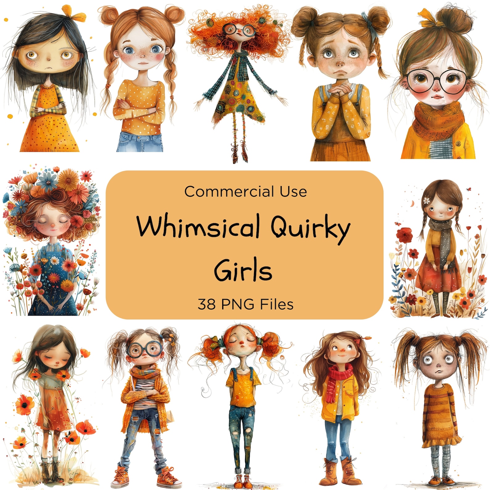 Whimsical Quirky Girls Clipart: PNG Bundle (digital Download) - Etsy
