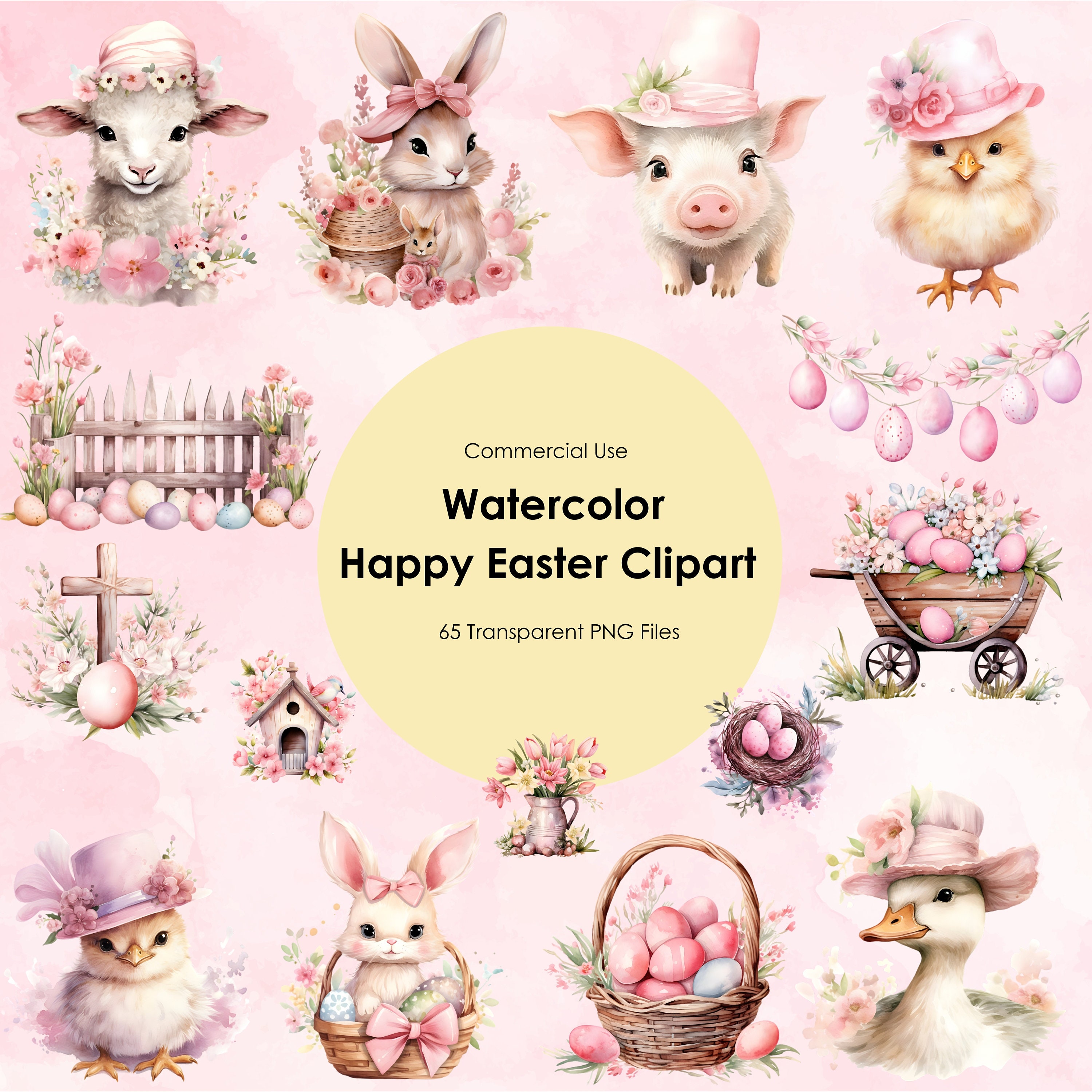 Watercolor Happy Easter Clipart Bundle, Farmhouse Easter Clipart ...