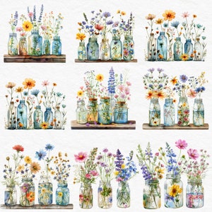 Watercolor Wildflowers in Mason Jars Clipart: Cottagecore Floral PNG ...