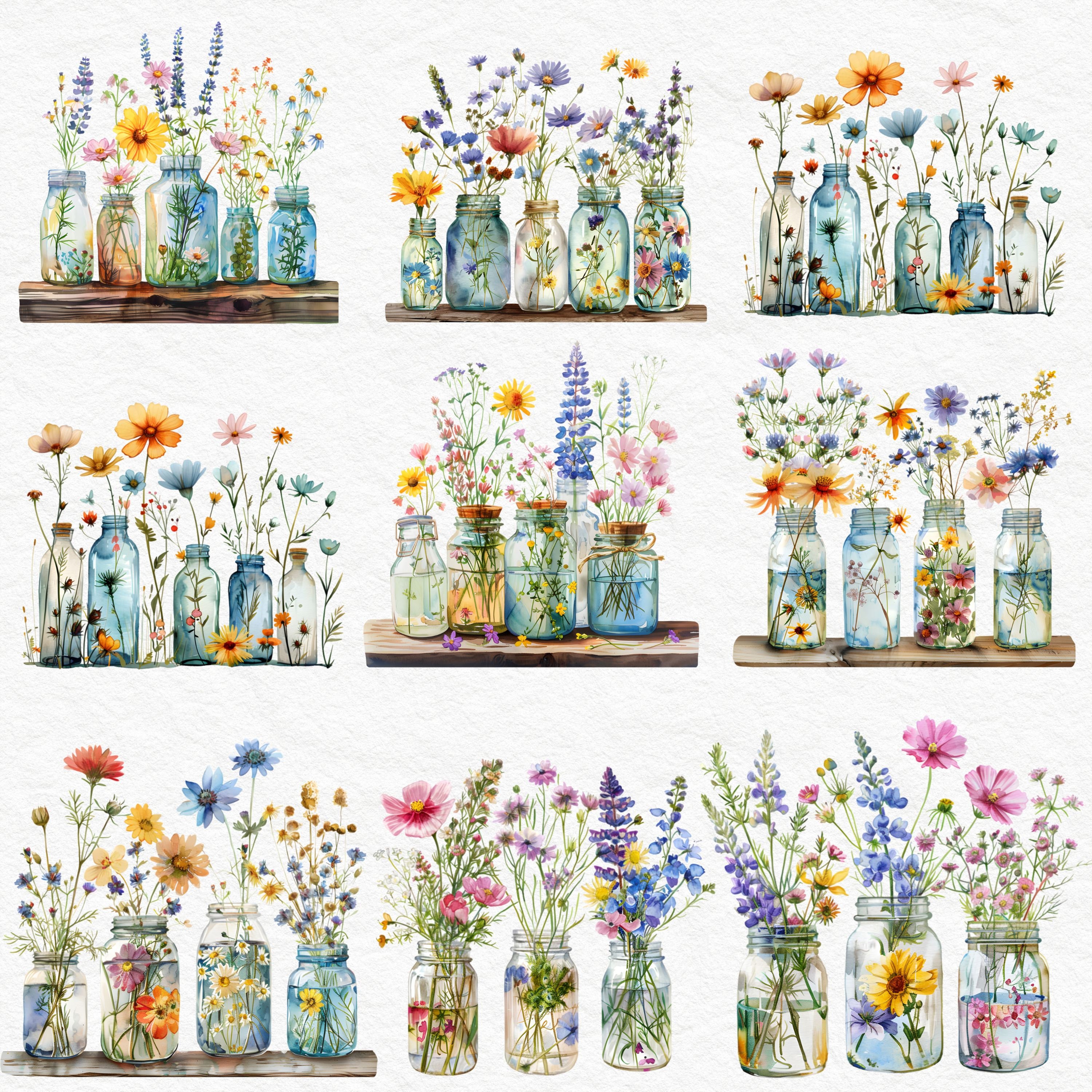 Watercolor Wildflowers in Mason Jars Clipart: Cottagecore Floral PNG ...