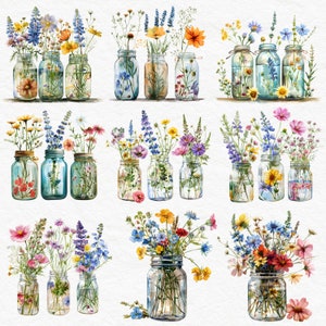Watercolor Wildflowers in Mason Jars Clipart: Cottagecore Floral PNG ...