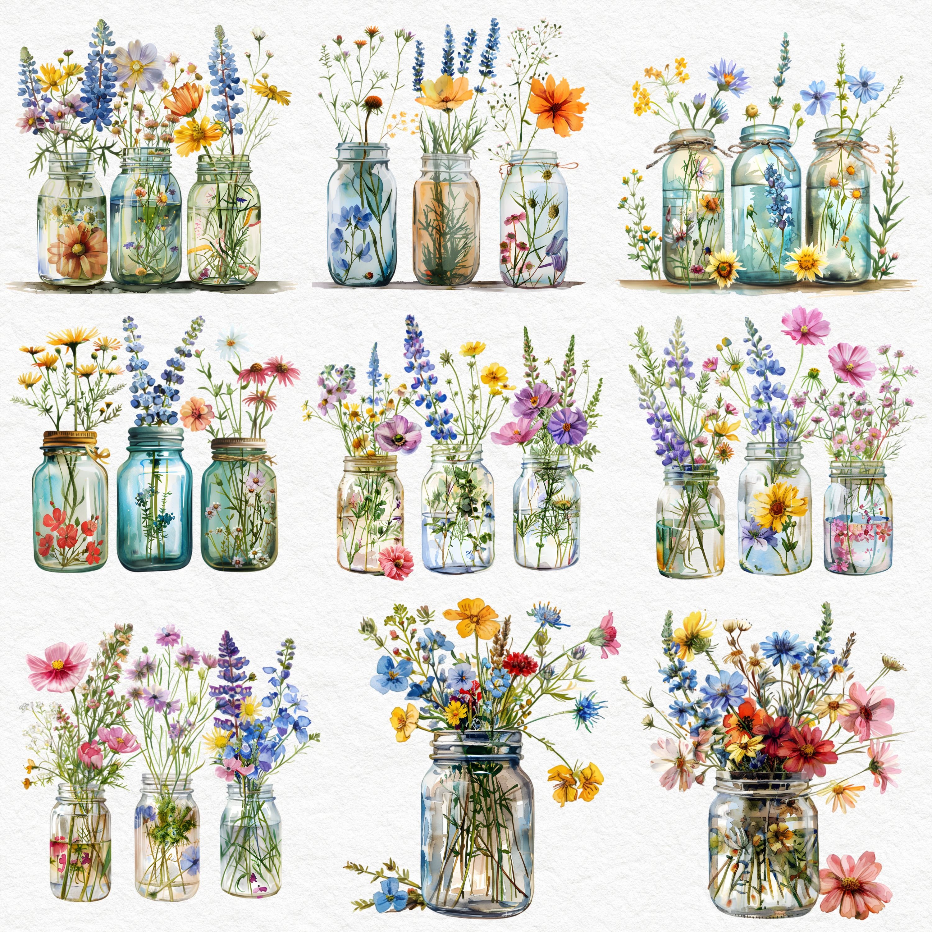Watercolor Wildflowers in Mason Jars Clipart: Cottagecore Floral PNG ...