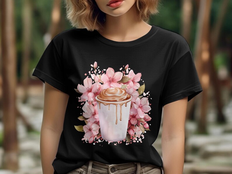 Watercolor Pink Spring Coffee Clipart: Floral Latte PNG (digital ...