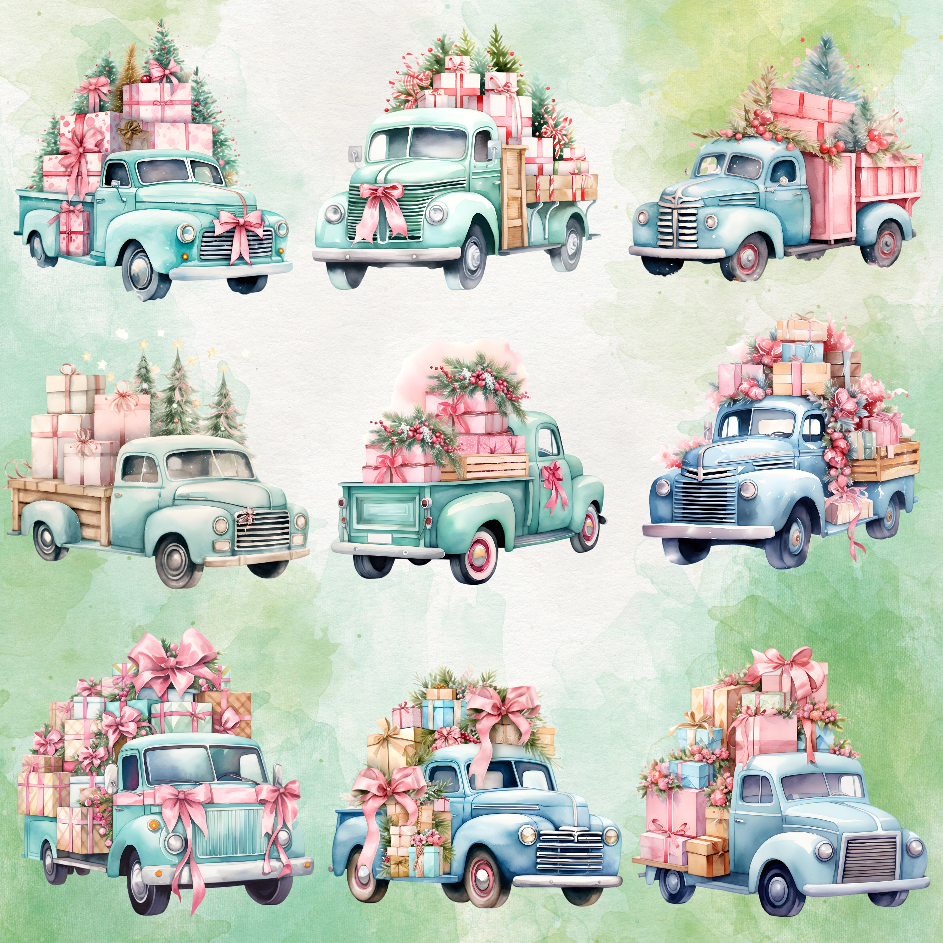Vintage Watercolor Christmas Truck Clipart, 42 Pastel Watercolor ...