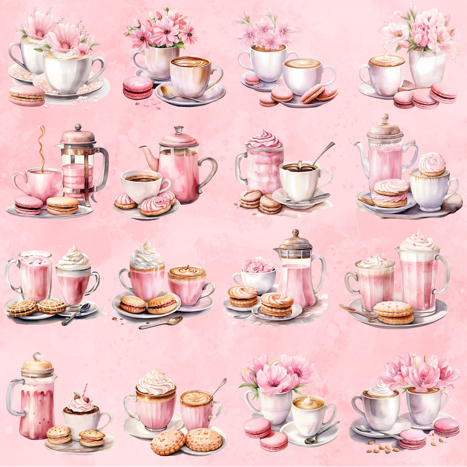 Watercolor Pink Spring Coffee Clipart: Floral Latte PNG (digital ...