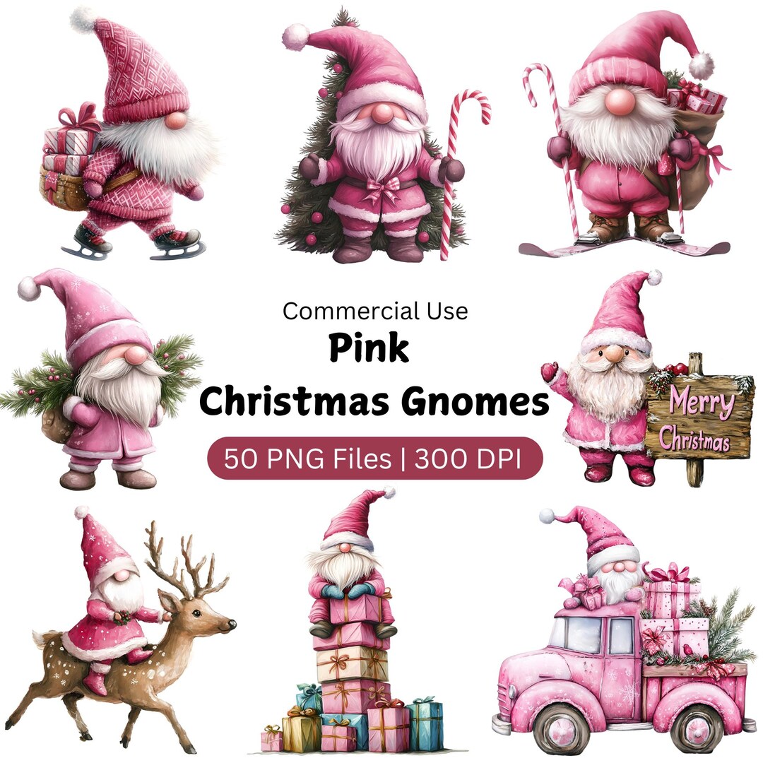 Pink Christmas Gnomes Clipart: Festive Oil Painting Style (PNG Digital ...