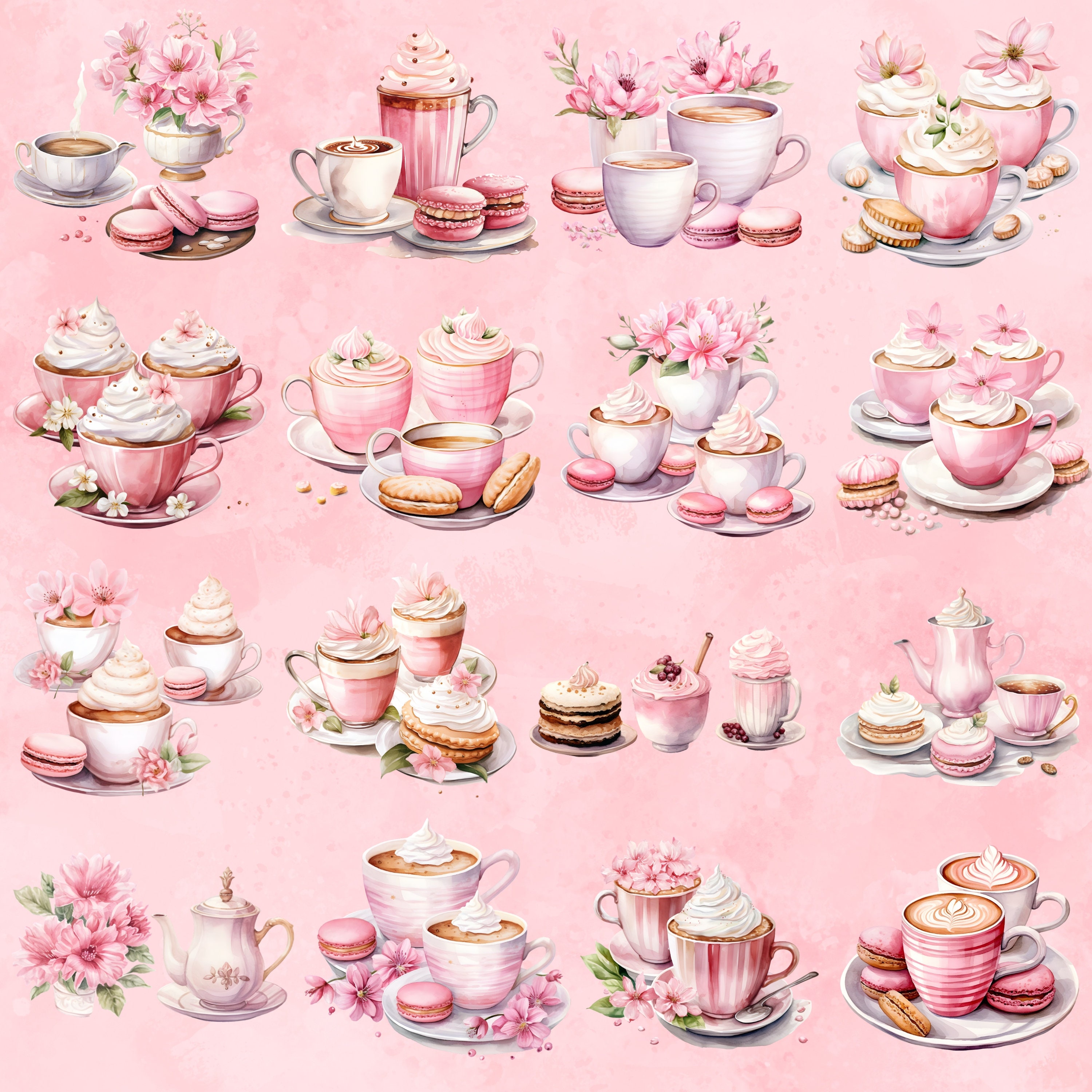 Watercolor Pink Spring Coffee Clipart: Floral Latte PNG (digital ...