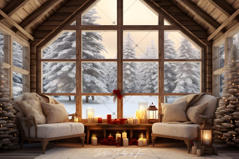 Christmas Cabin Digital Backdrop, Mountain Cabin Christmas Digital ...