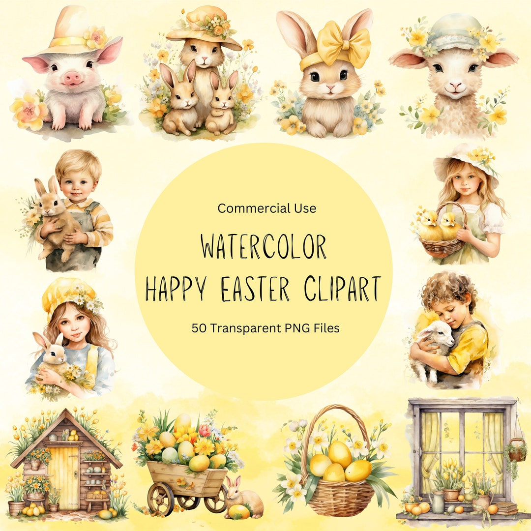 Watercolor Happy Easter Clipart Bundle, Farmhouse Easter Clipart ...