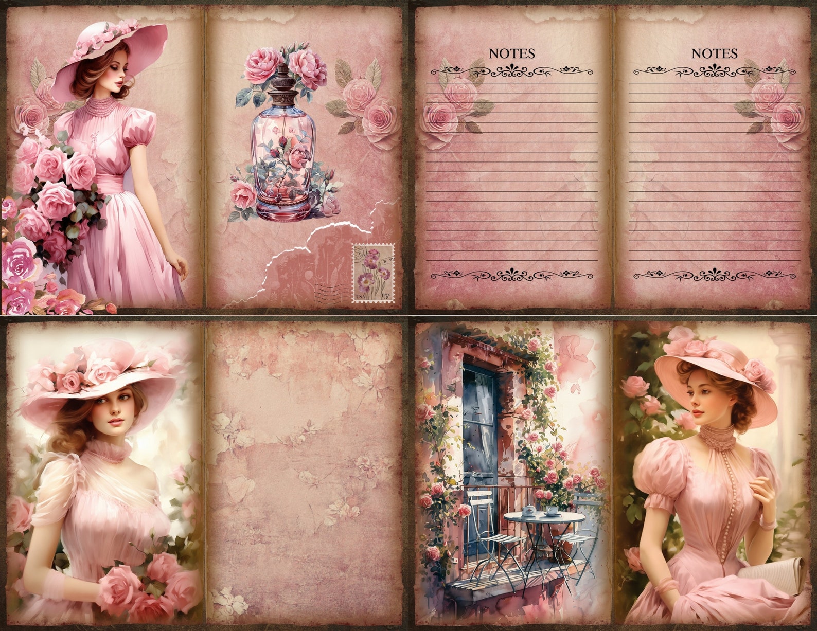 Watercolor Vintage Rose Junk Journal Kit, Victorian Lady Pink Rose ...