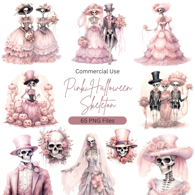 Pink Halloween Skeleton Clipart Bundle: Vintage Spooky PNG Graphics ...