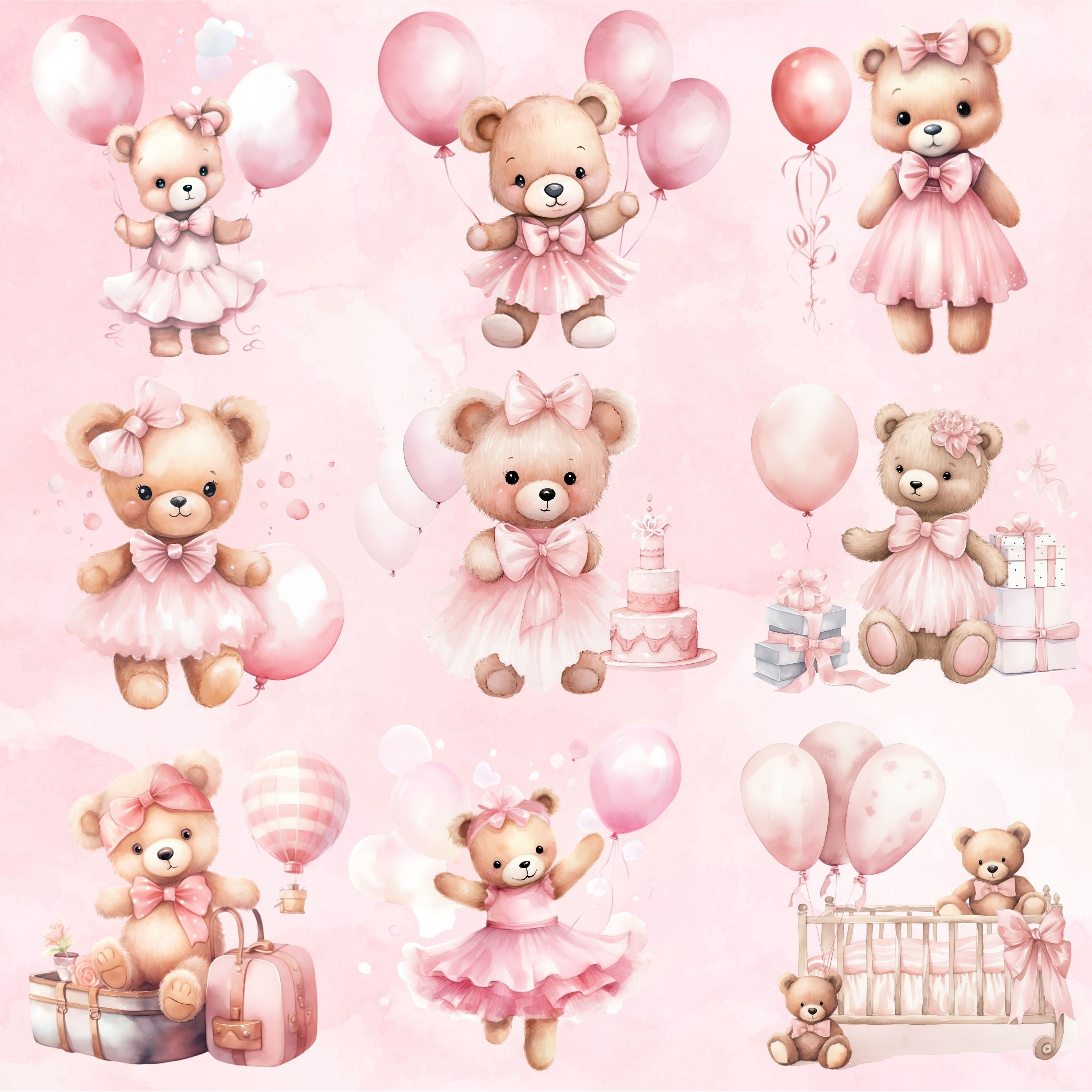 Pink Teddy Bear Clipart, Cute Watercolor Pink Babyshower Clipart PNG ...