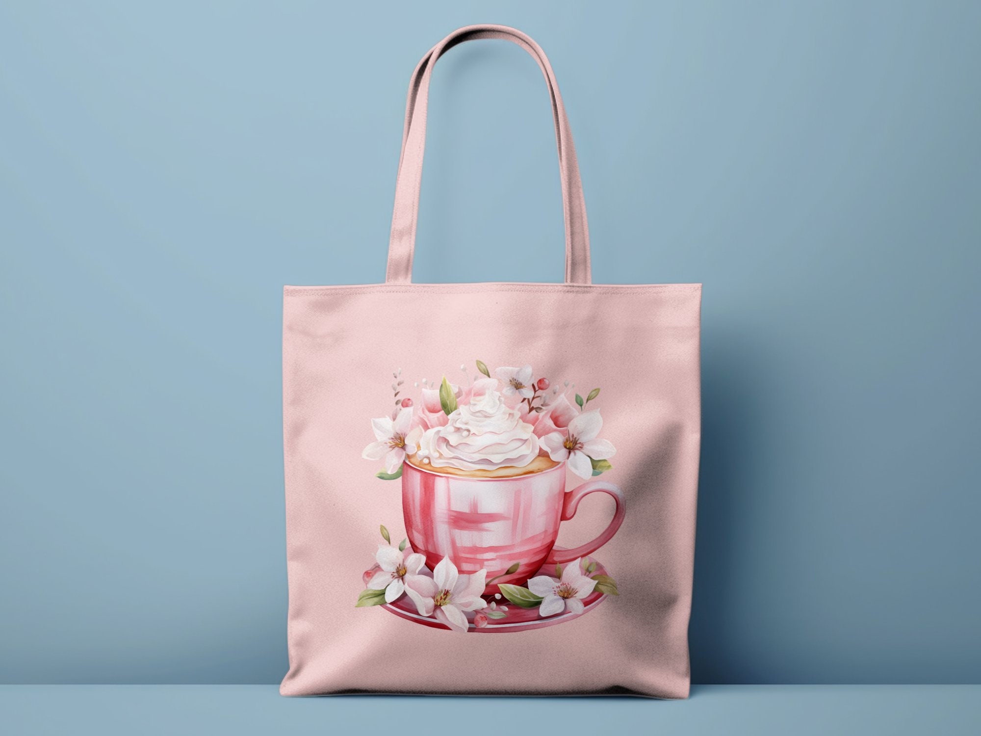 Watercolor Pink Spring Coffee Clipart: Floral Latte PNG (digital ...