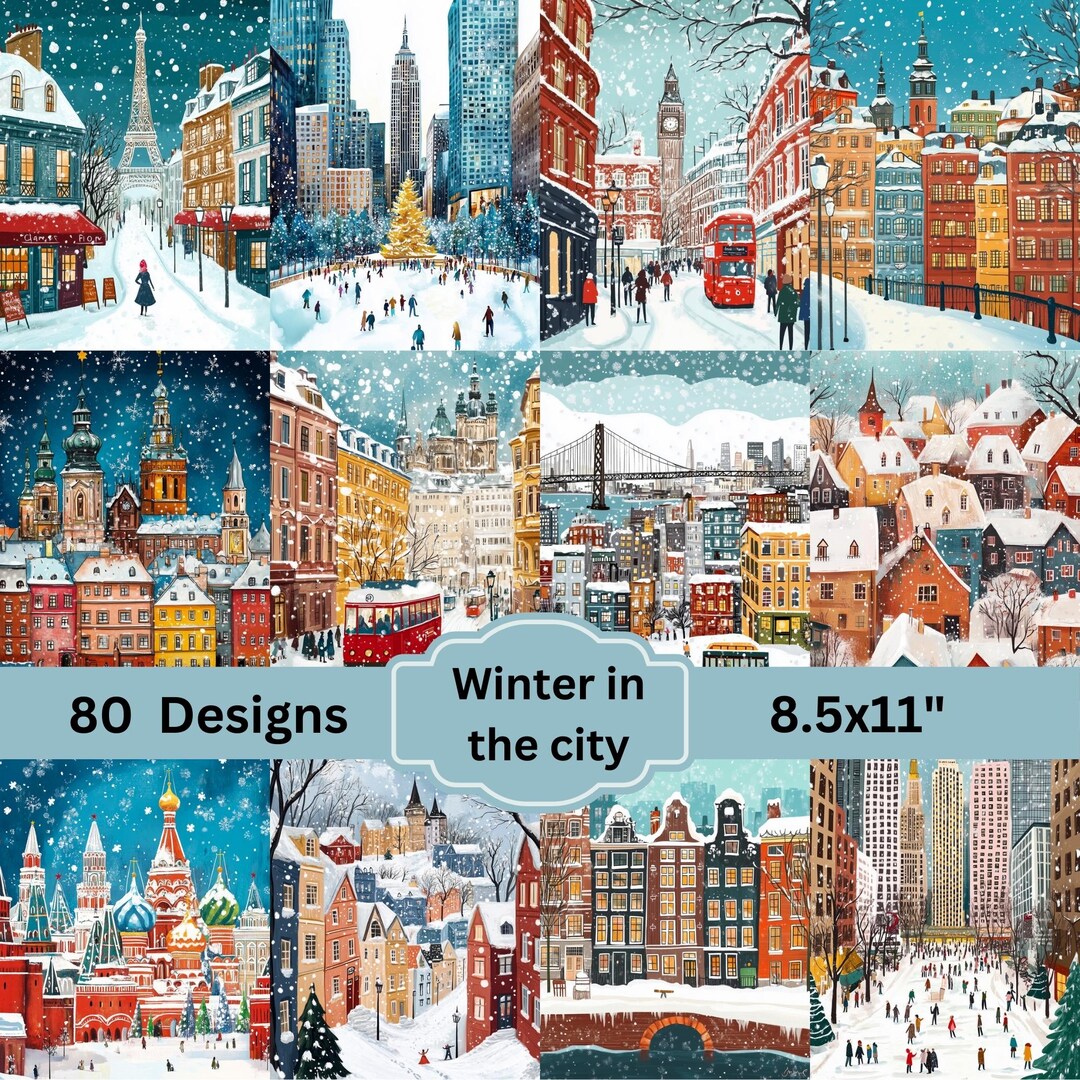 Winter in the City Printable Backgrounds, Whimsical Winter Cities ...