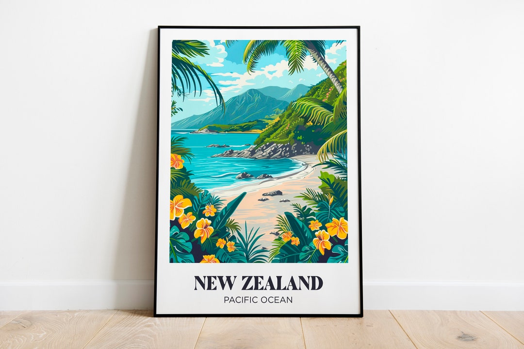 New Zealand Travel Poster, Illustration New Zealand, Pacific Ocean ...