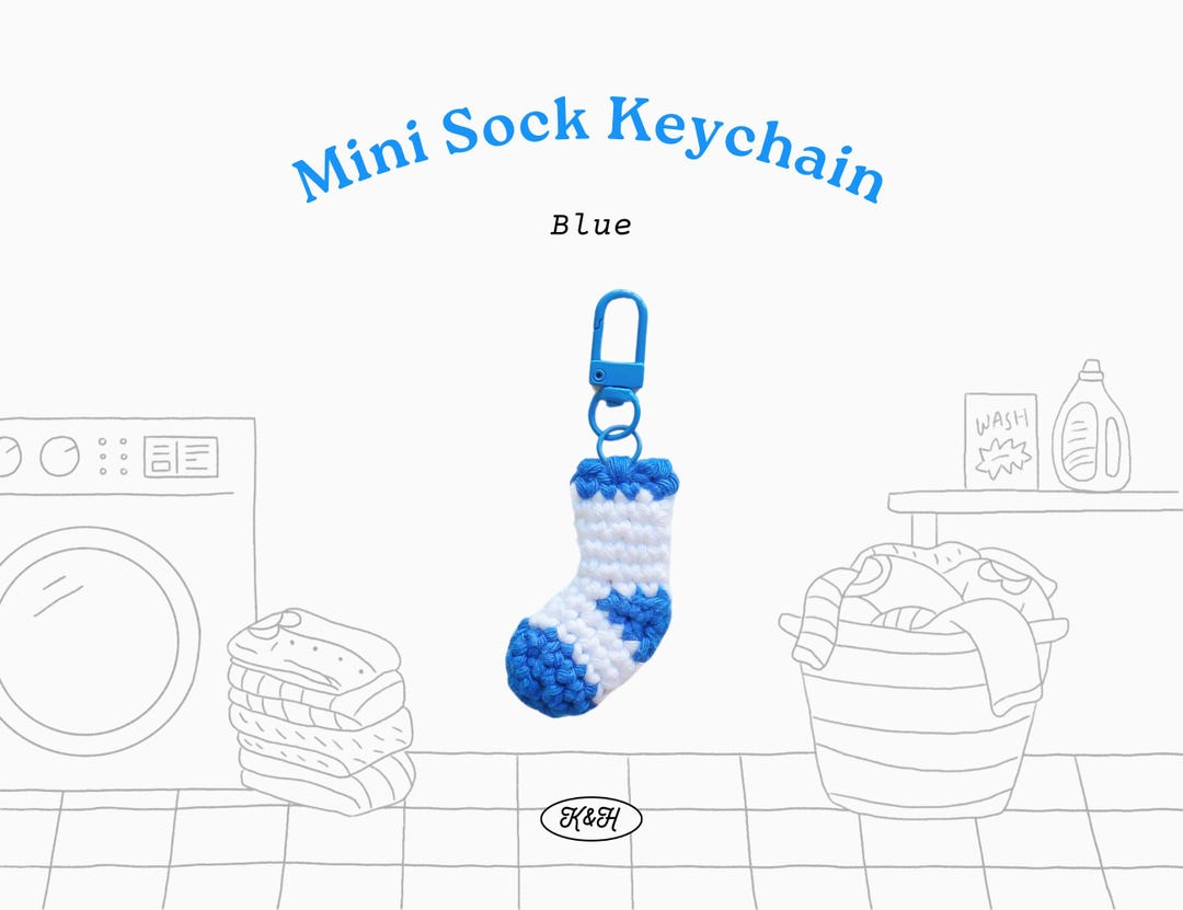 Blue Mini Sock Keychain • Cute Cozy Handmade Cotton Crochet Keyring Gift Handbag Pouch ...