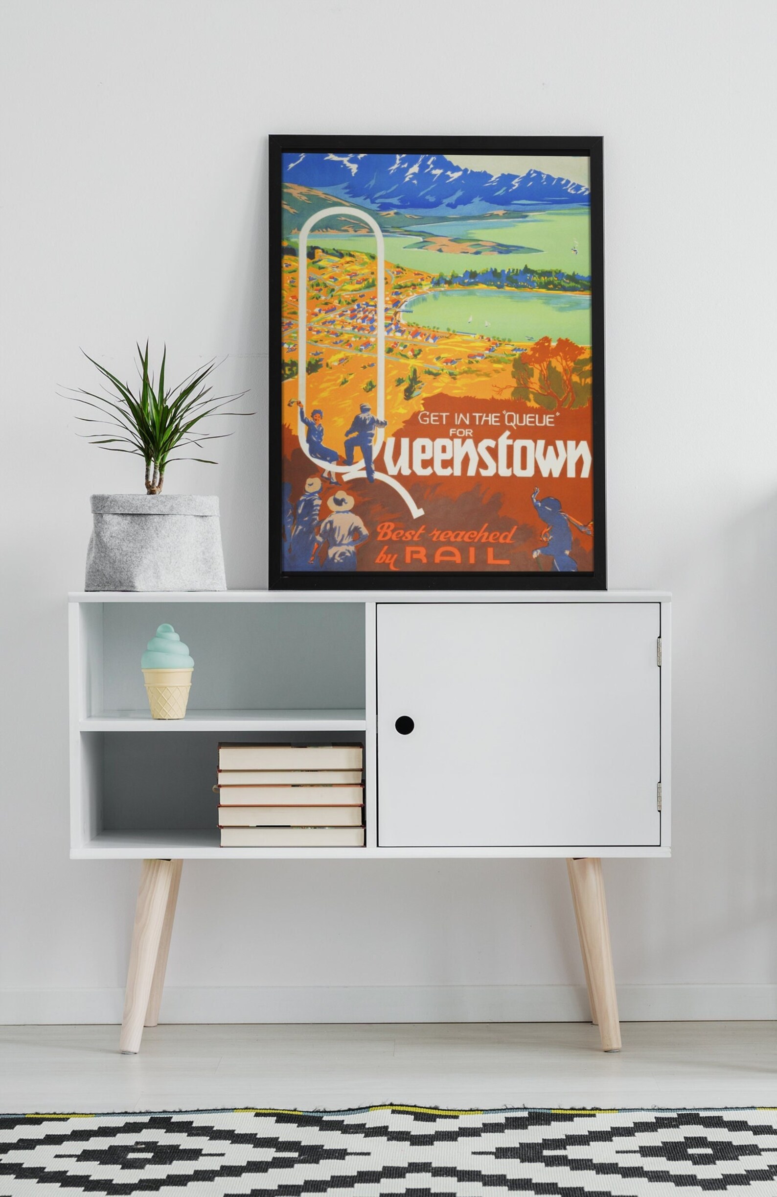Vintage New Zealand Railway Poster: 'get in the Queue', Queenstown ...